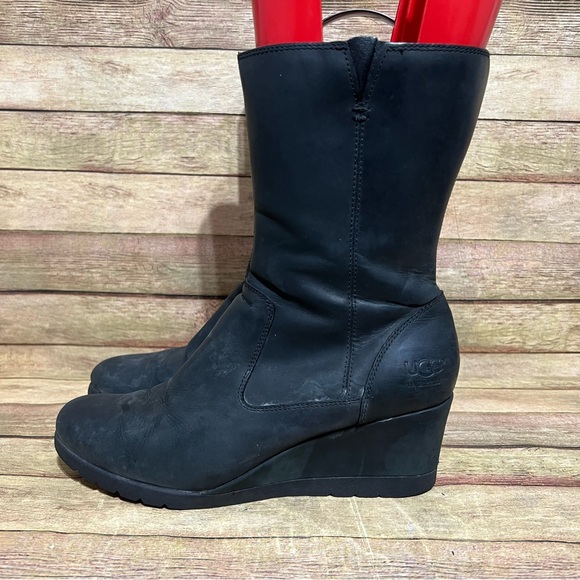 UGG | Shoes | Ugg Black Leather Joely Waterproof Wedge Boots | Poshmark